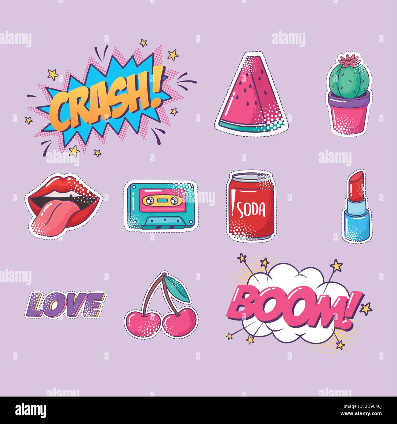 pop art element sticker icon set, watermelon, cactus, lips, soda, and ...
