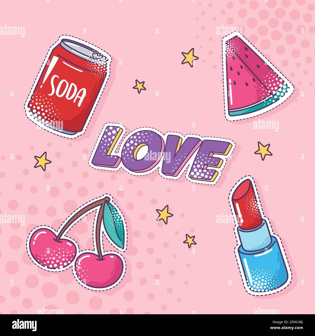 pop art element sticker icon set, soda, watermelon, cherry, lipstick ...