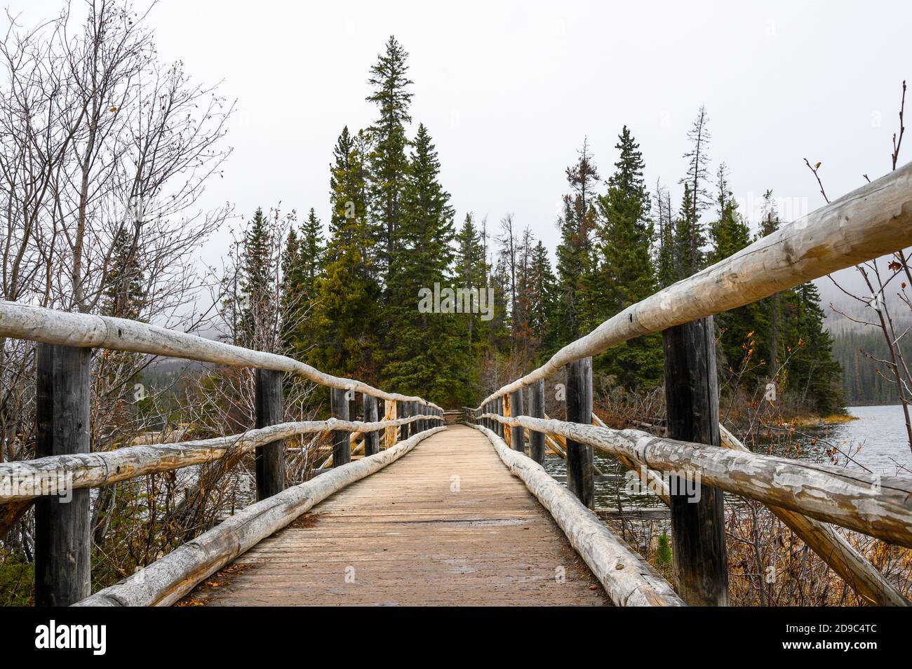 wooden footbridge across Pyramid Lake and Pyramid Island at Jasper ...
