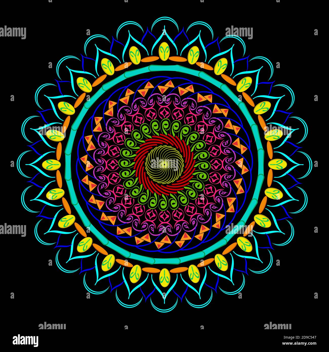 Multi-colored Madala on a black background, attracting good luck ...