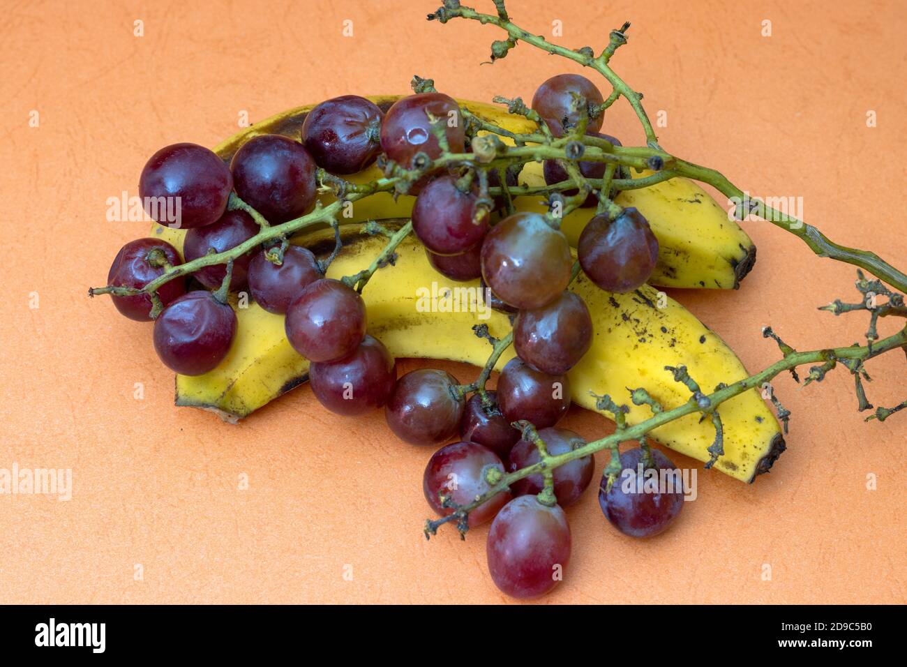 Rotten red grapes with two yellow bananas on wooden texture background ...