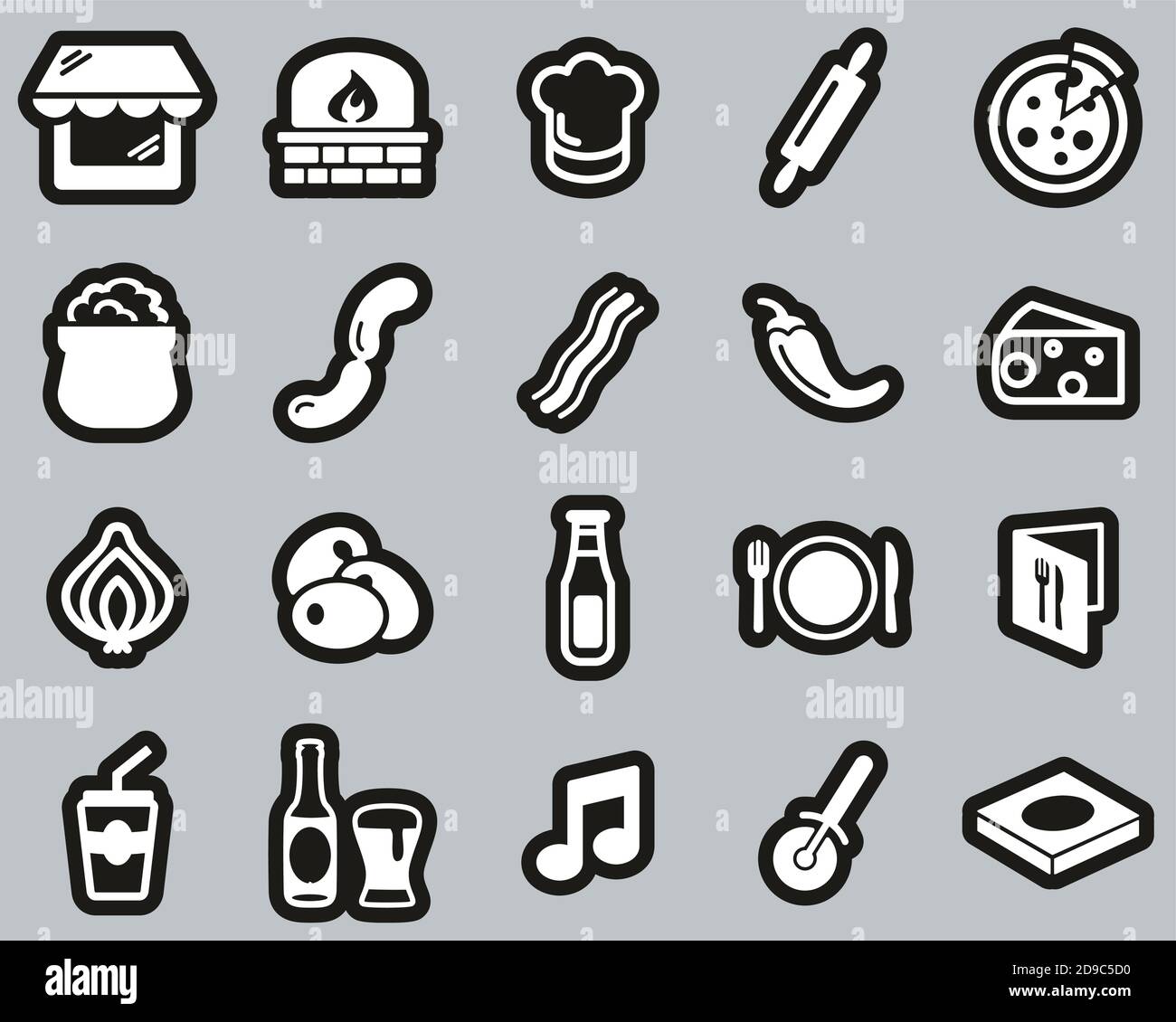 Pizzeria Or Pizza Restaurant Icons White On Black Sticker Set Big Stock ...