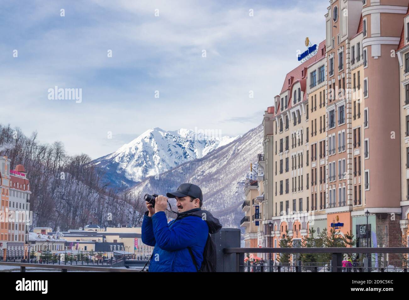 Sochi, Russia - January 24, 2019: Ski resort Rosa Khutor. A middle-aged ...