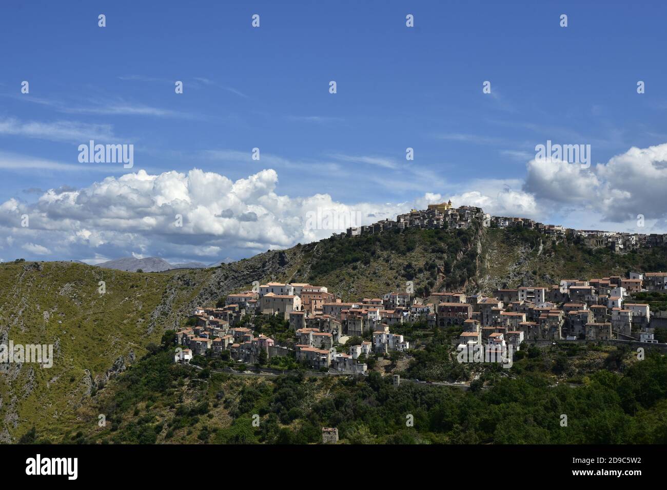 Panoramic view of Maierà, a rural village in the mountains of the ...