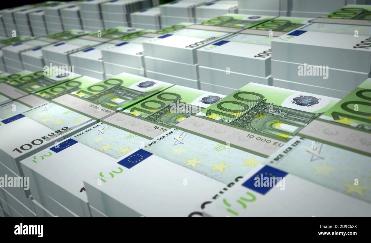 Euro money pack 3d illustration. 100 EUR banknote bundle stacks ...