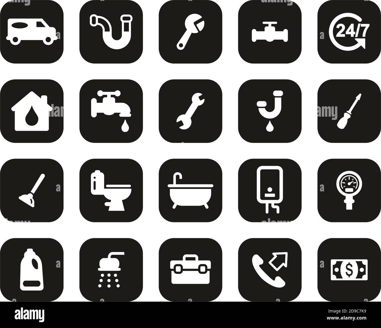 Plumbing Service & Equipment Icons White On Black Flat Design Set Big ...