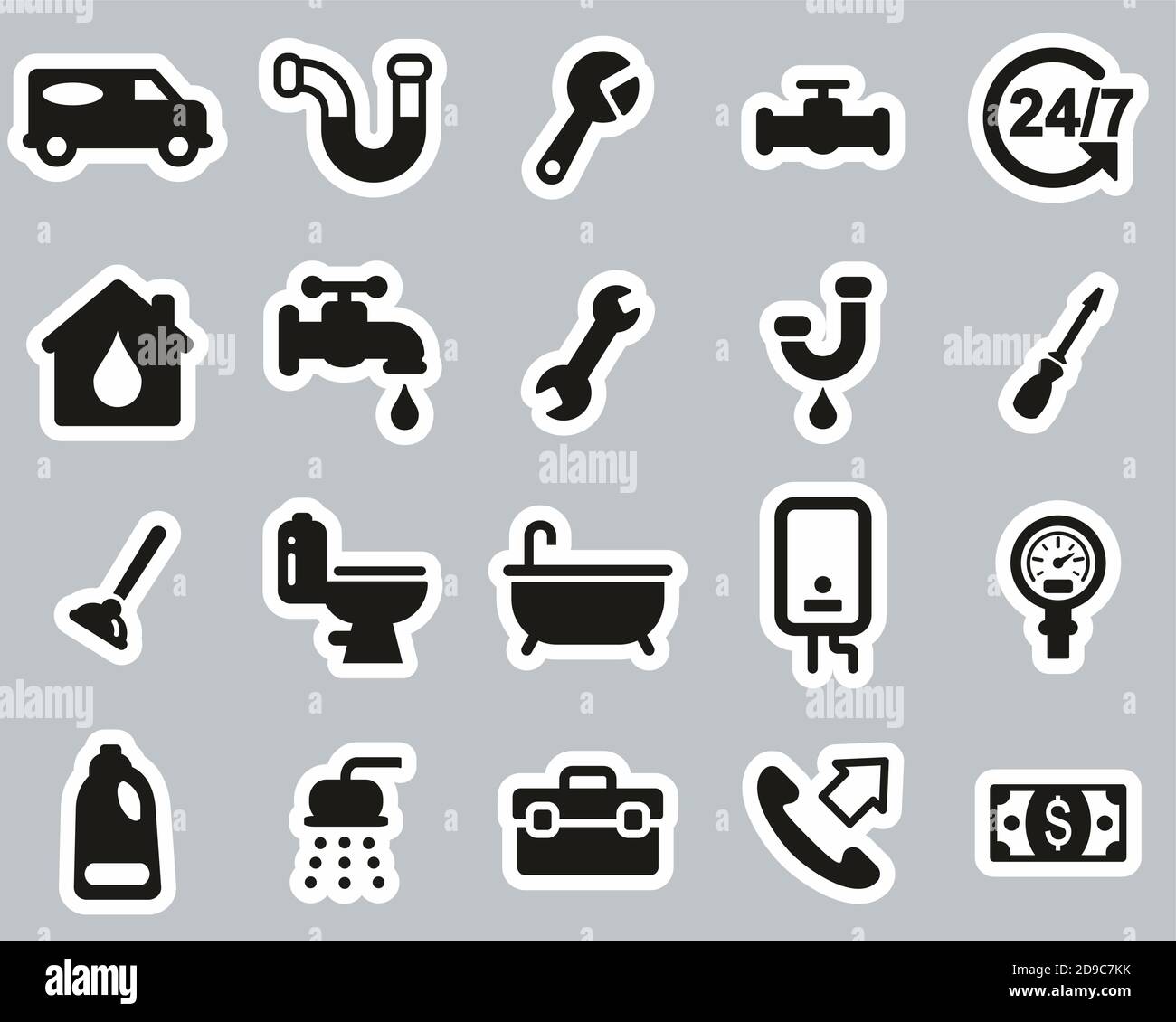 Plumbing Service & Equipment Icons Black & White Sticker Set Big Stock ...
