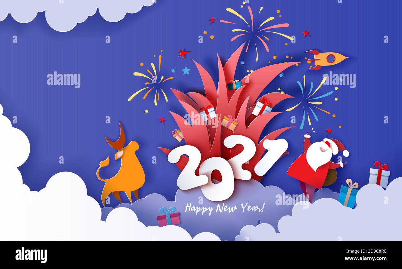 New year advertising design. Santa Claus with gift box and fireworks ...