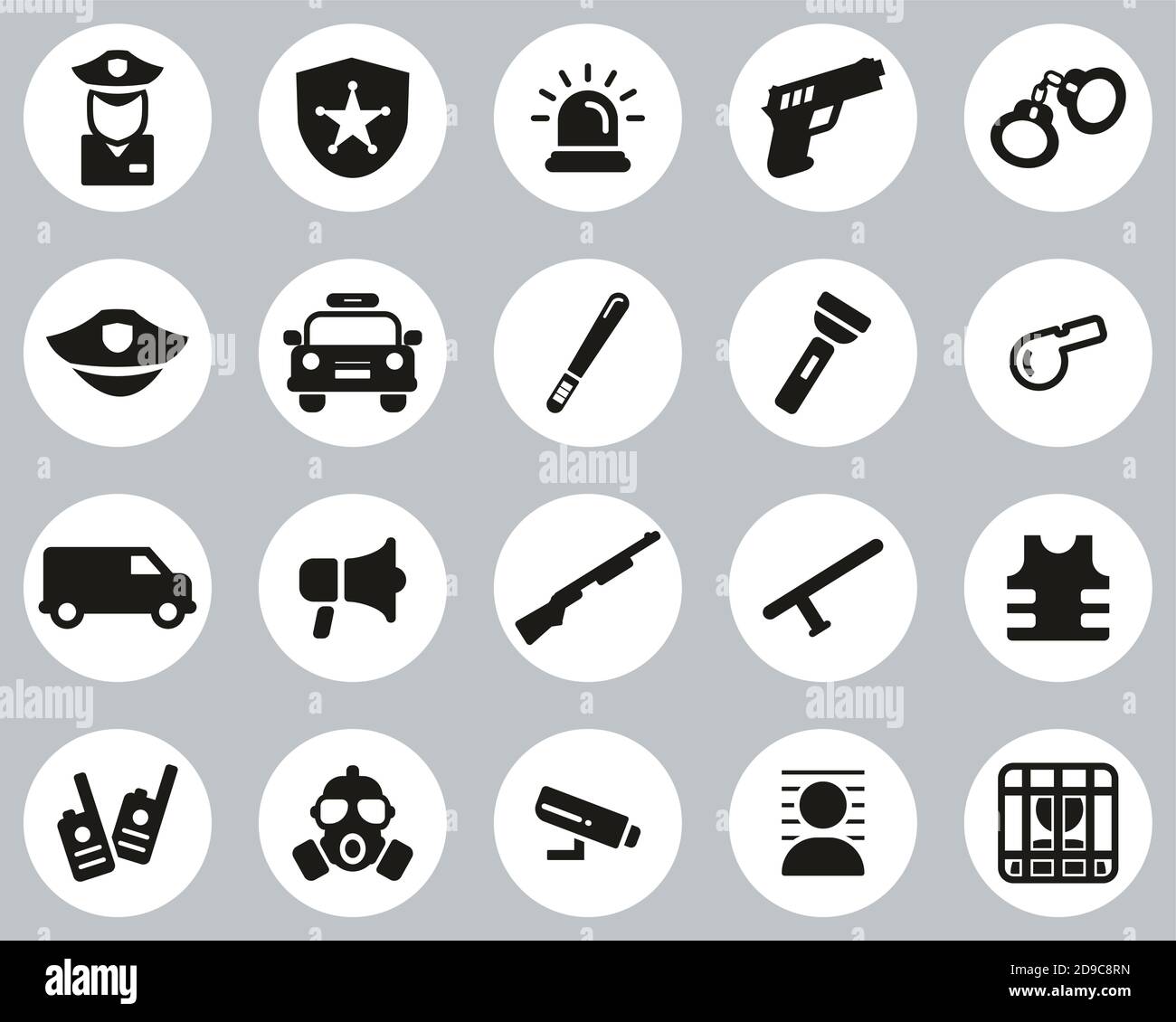 Police Or Police Force Icons Black & White Flat Design Circle Set Big ...