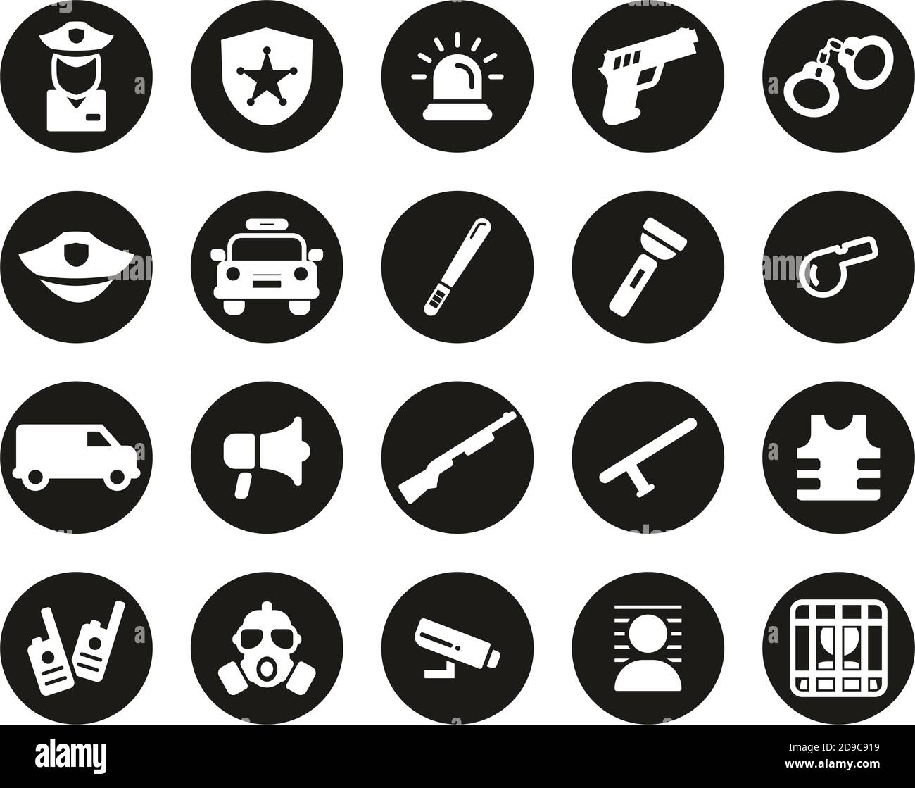 Police Or Police Force Icons White On Black Flat Design Circle Set Big ...