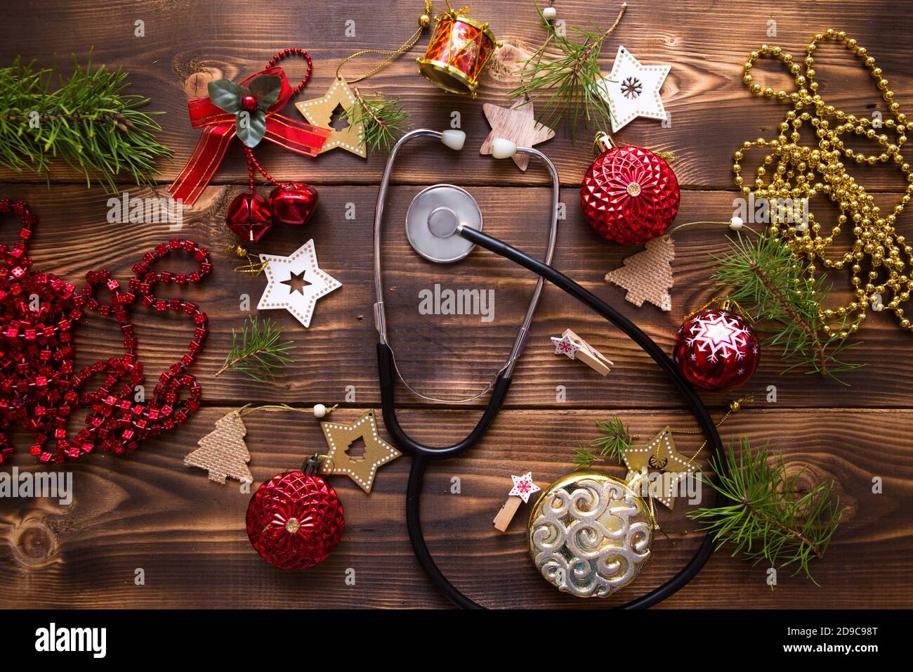 Christmas flat lay on a medical theme. Decorations for the new year ...