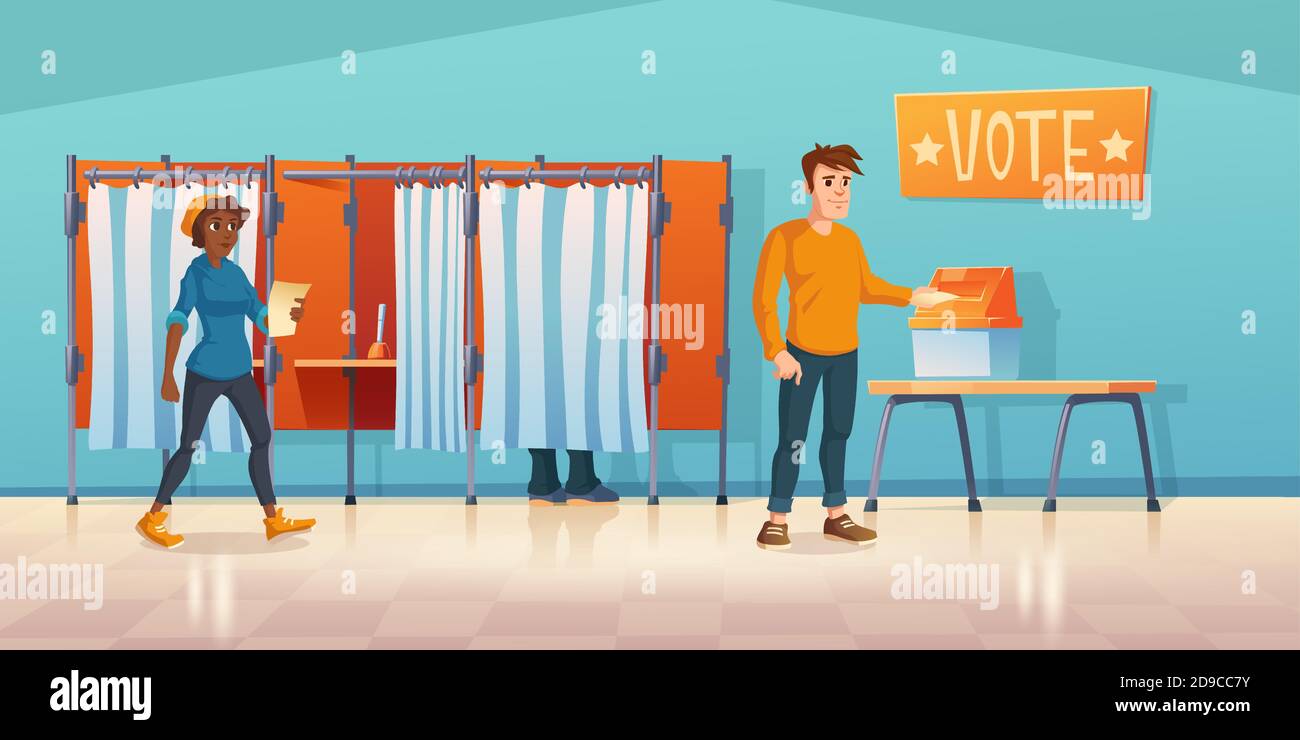 Polling place interior at election day. People choosing candidate in ...