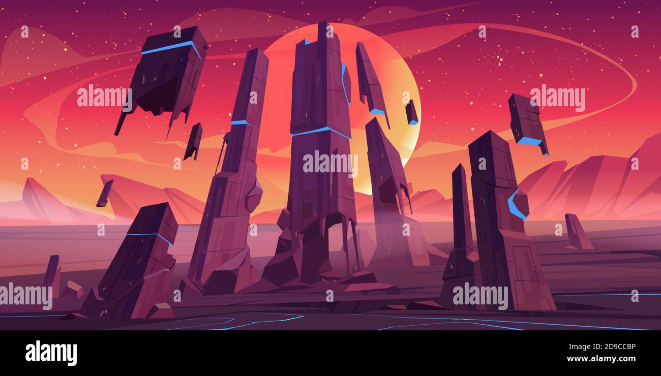 Alien planet landscape with rocks and futuristic building ruins with ...