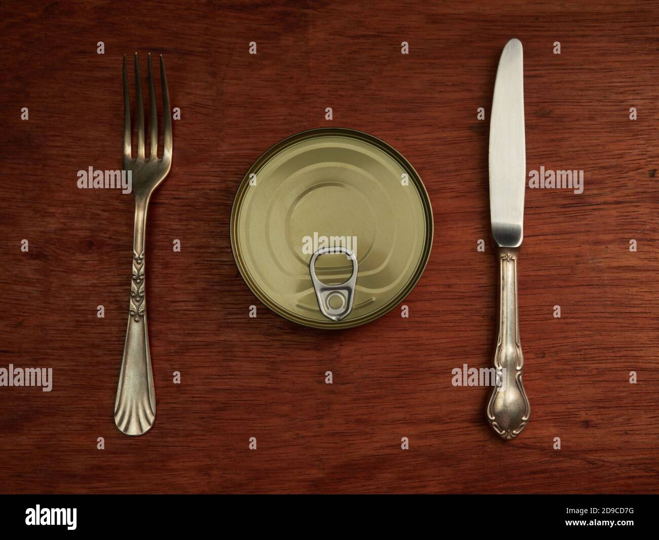 Different types of cans with prepared foods for consumption, vegetables ...