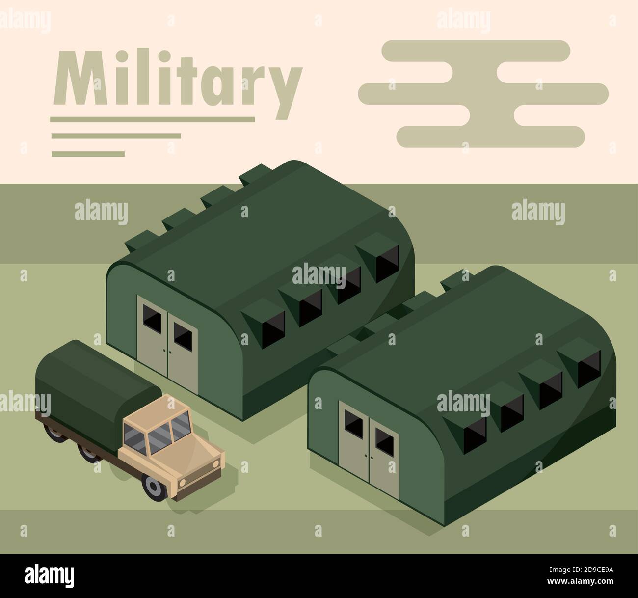 military camp with barracks and truck transport vector illustration ...