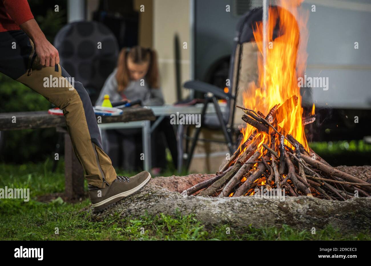 Summer Time Recreation Theme. Camping with Campfire. Caucasian Family ...