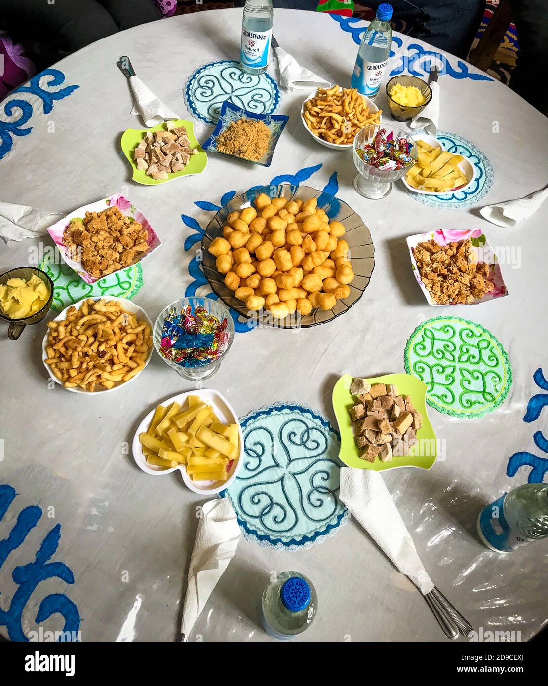 Traditional meal on a set table in Mongolia Stock Photo - Alamy