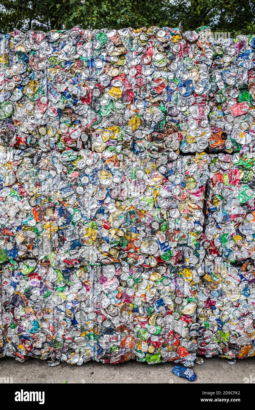 Stacked cubes or bales of aluminum cans crushed into blocks for ...