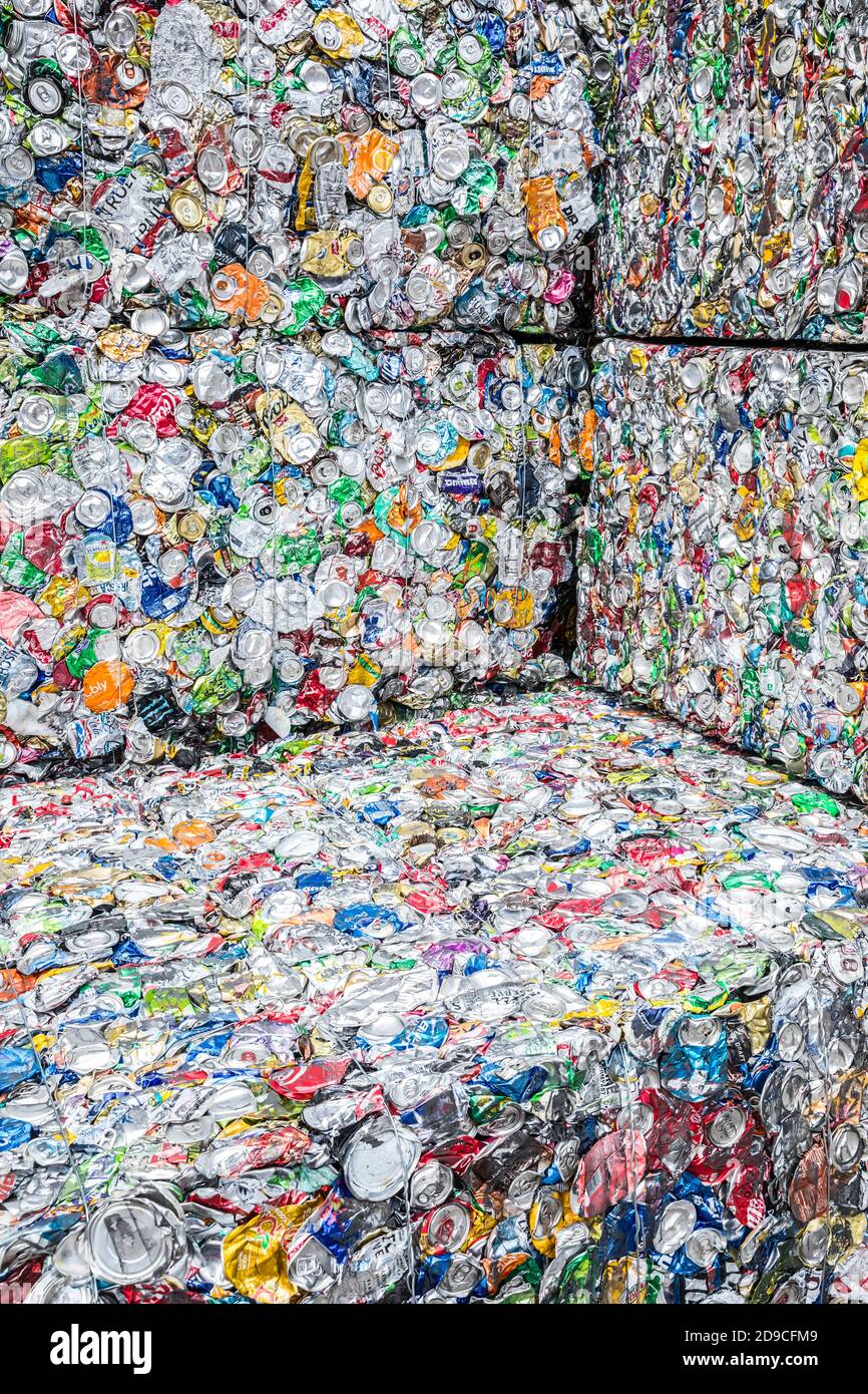 Stacked cubes or bales of aluminum cans crushed into blocks for ...