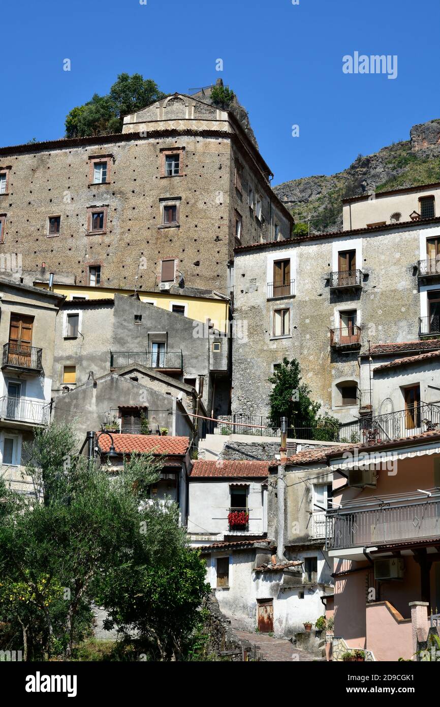 Panoramic view of Orsomarso, a rural village in the mountains of the ...