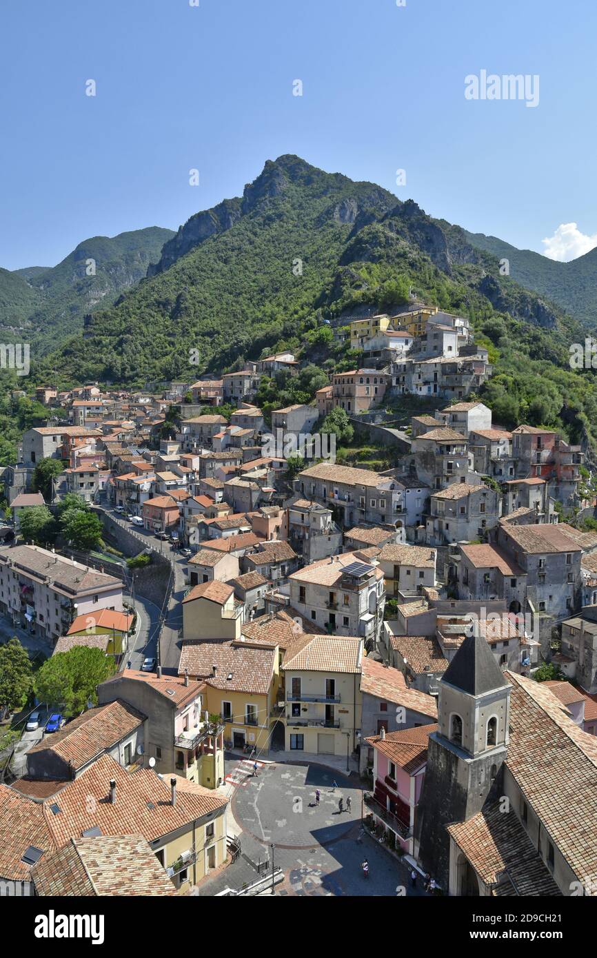 Panoramic view of Orsomarso, a rural village in the mountains of the ...