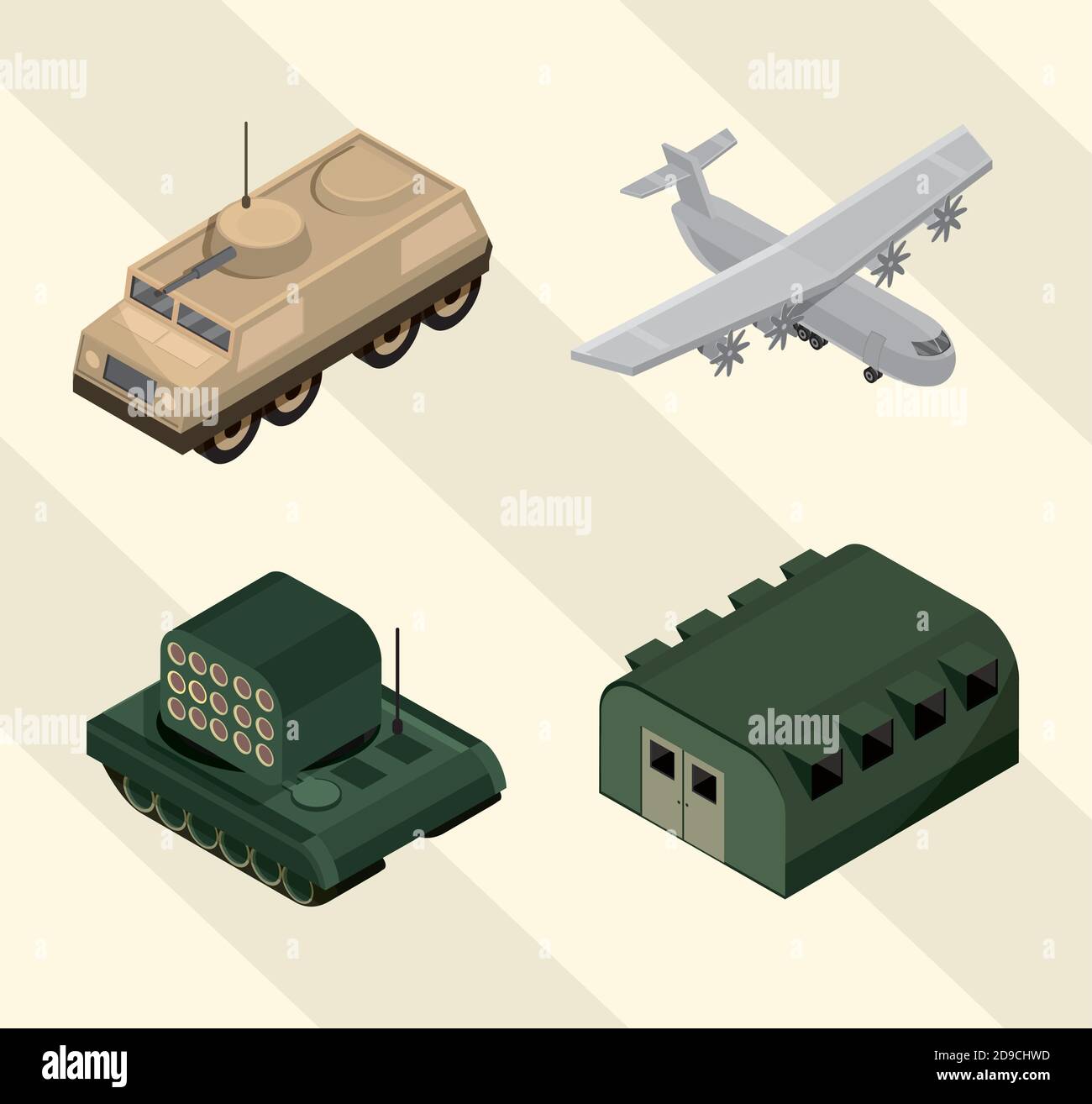 military icons set with barracks, airplane, tank and armored tank ...
