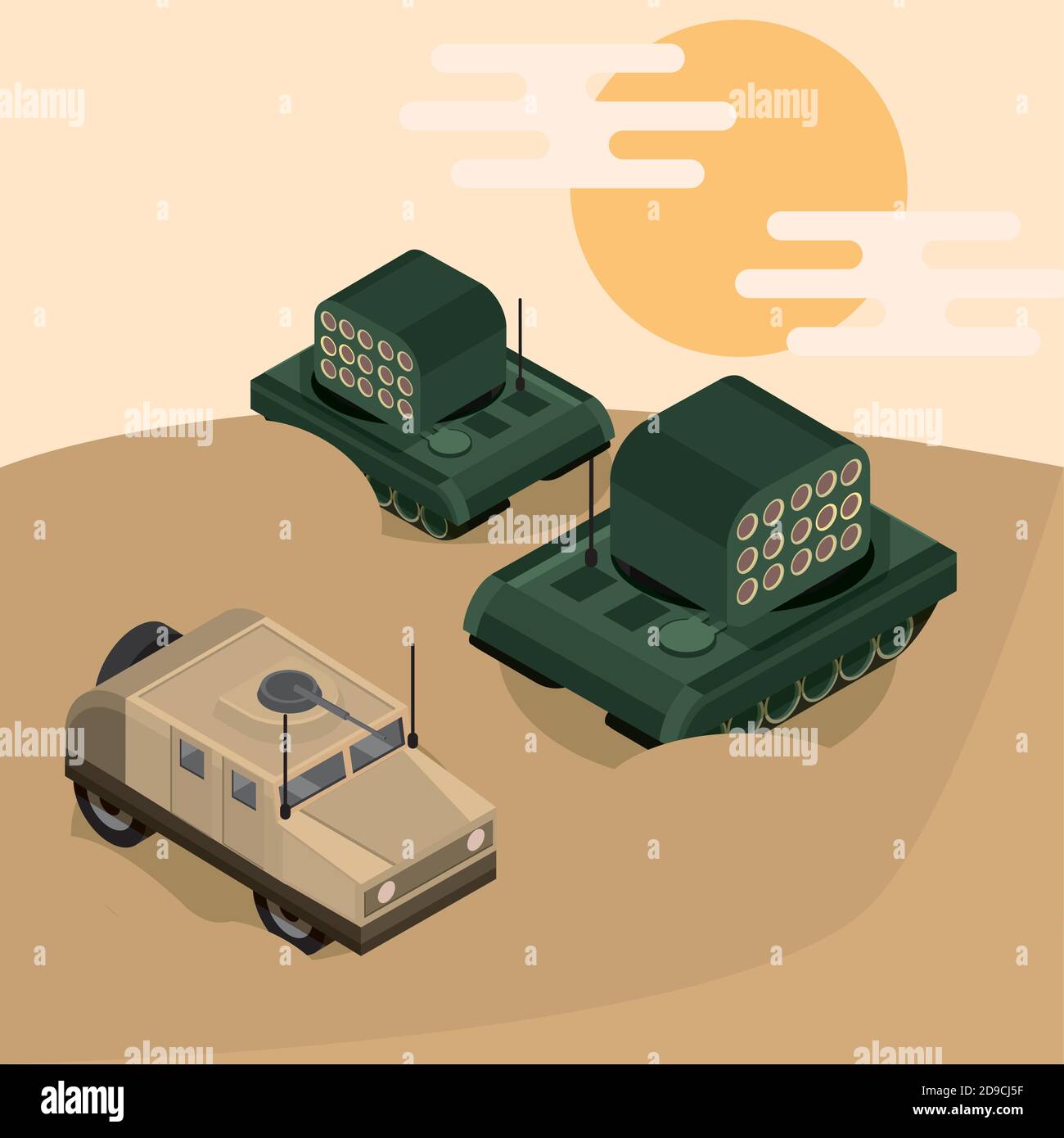 military armored tanks with rockets and humvee with machine gun vector ...