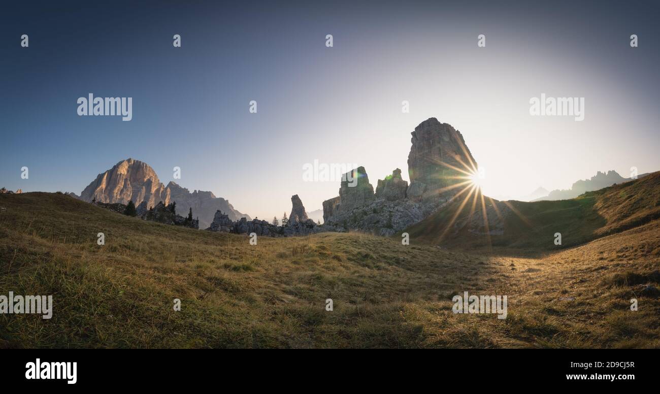 A picture of Cinque Torri at sunrise, famous rock pillars in Cortina D ...