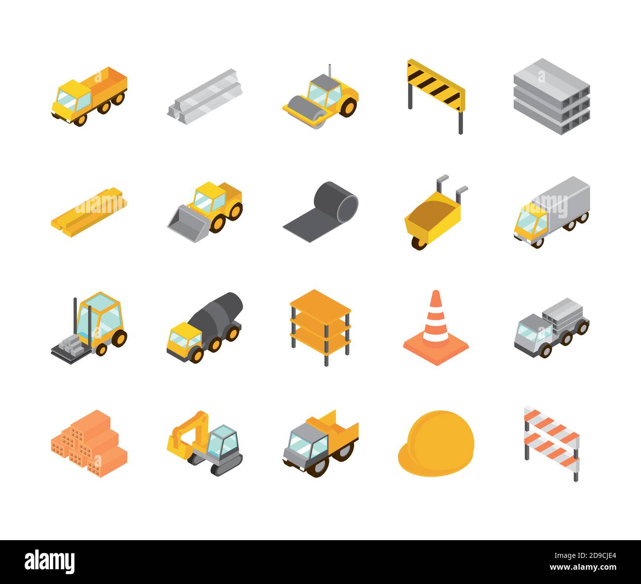 construction isometric set icons, truck, machine, brick, barrier ...