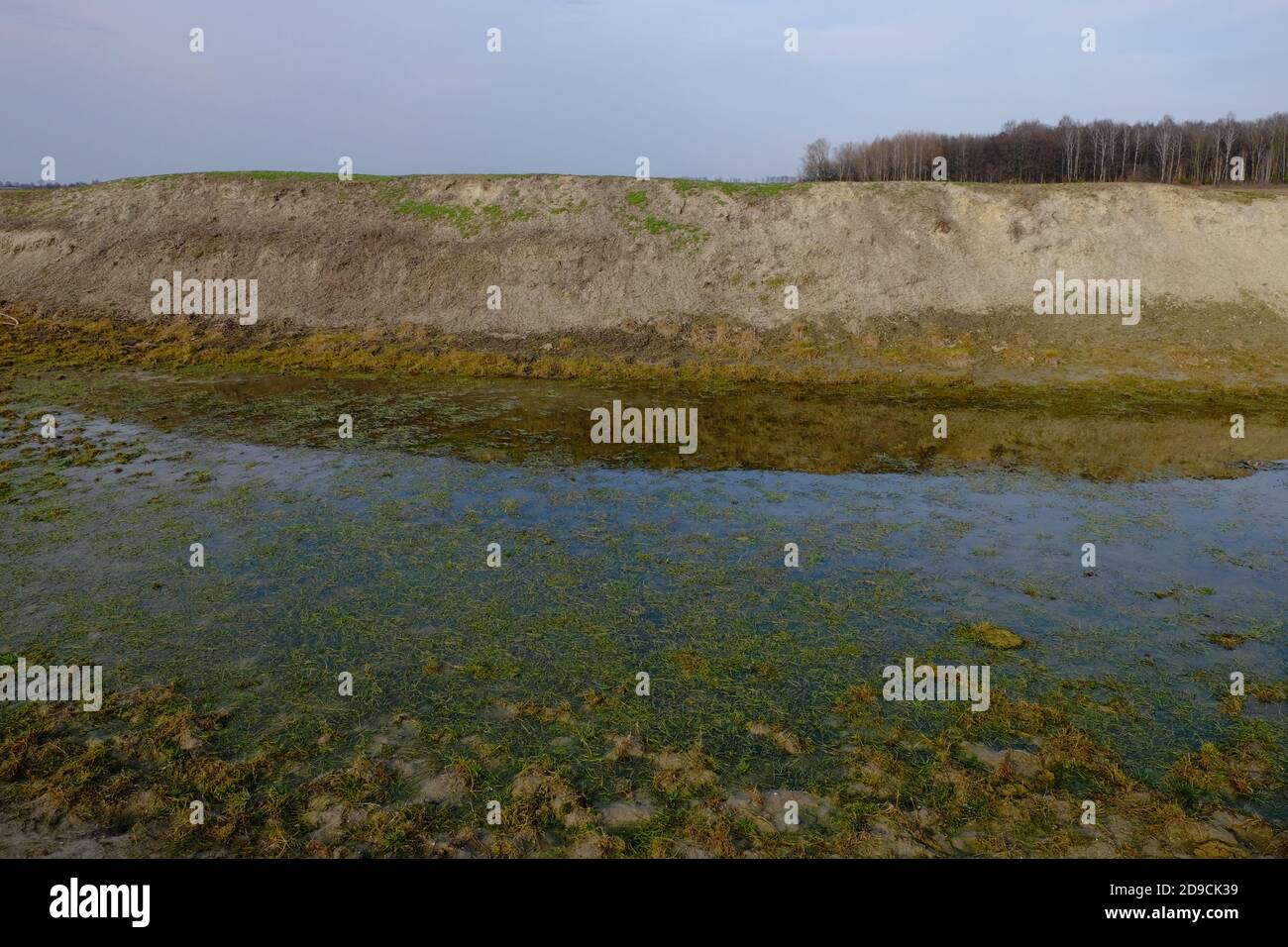 The exposed bottom of a dry pond. A shallow water body. A steep slope ...