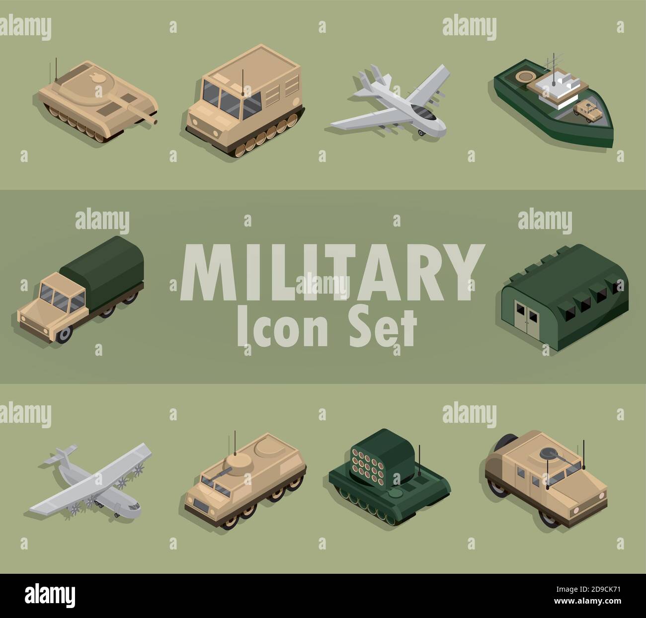 military icons set with aircrafts, truck, tanks, warship isometric ...