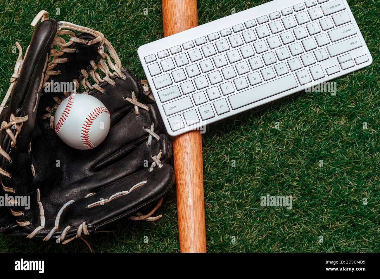 Baseball bat, ball, glove and computer keyboard isolated on a field of ...
