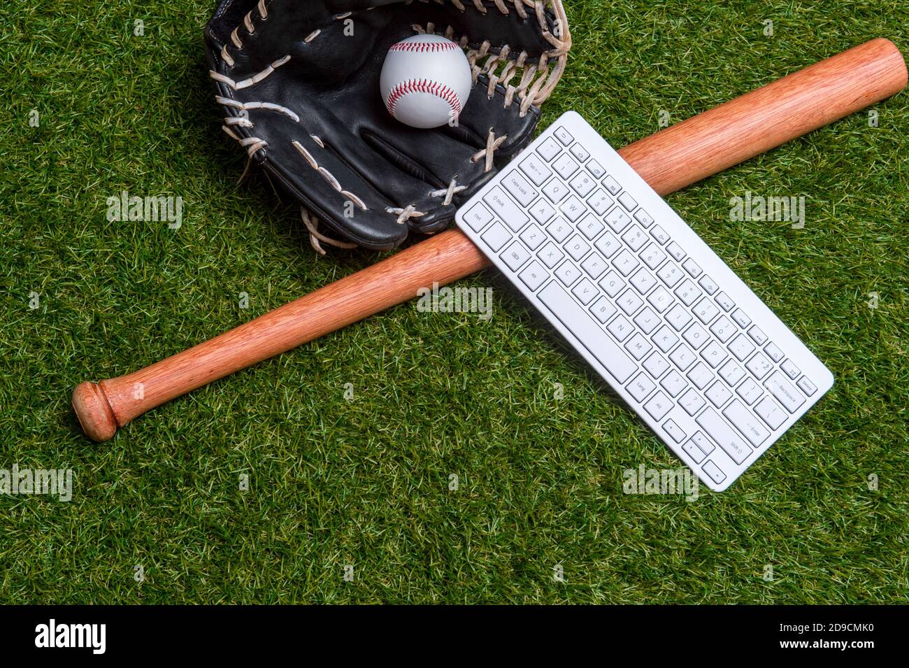Baseball bat, ball, glove and computer keyboard isolated on a field of ...