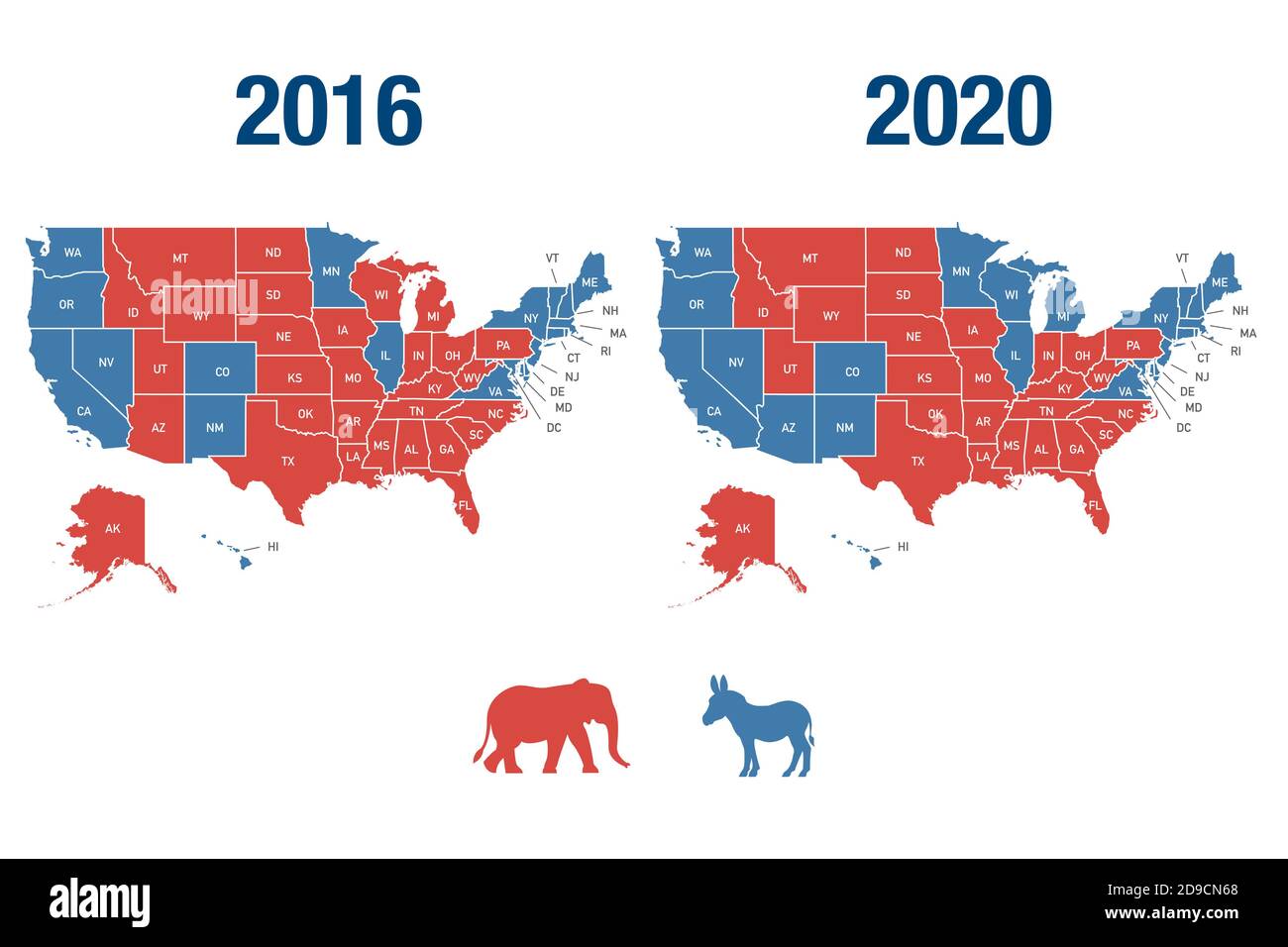 Comparison of 2016 and 2020 presidential election results in USA map ...