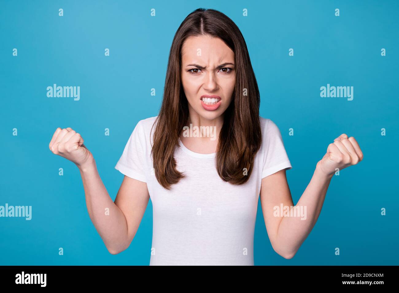 Photo of mad angry girl have scandal feel rage raise fists wear good ...