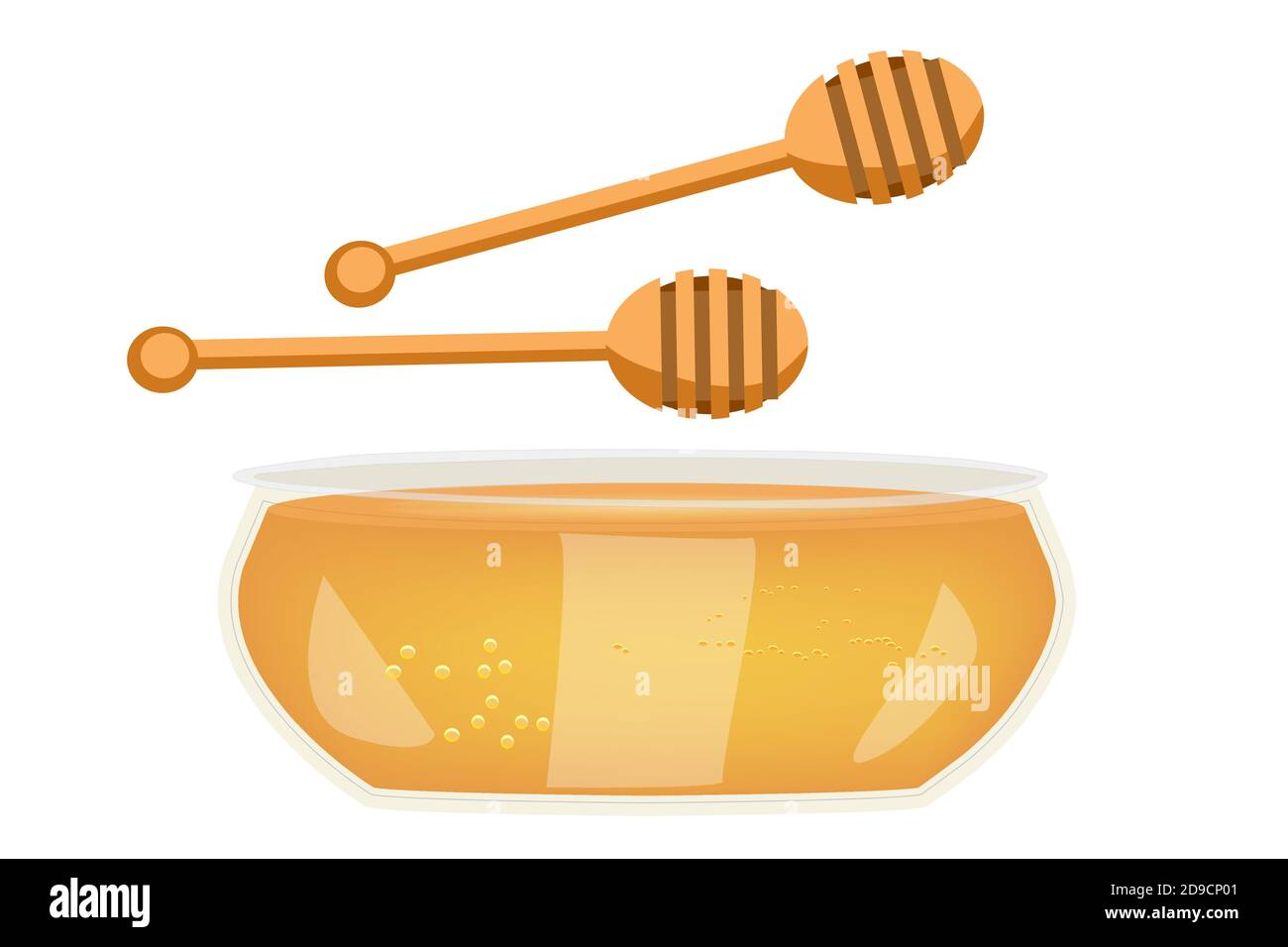 Set of honey. Honey dipper and bowl isolated on white background. Glass ...