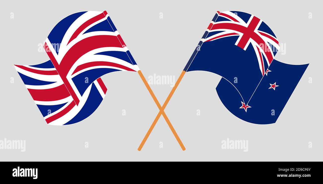 Crossed and waving flags of New Zealand and the UK. Vector illustration ...