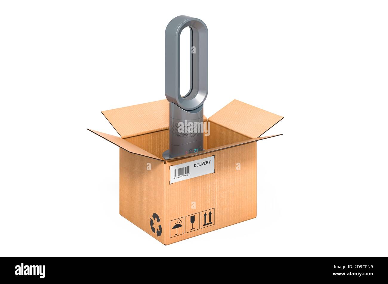 Bladeless air fan inside cardboard box, delivery concept. 3D rendering ...