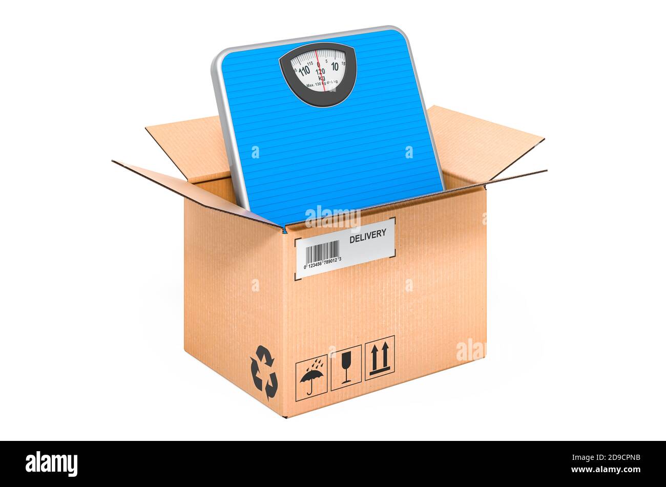 Bathroom scale inside cardboard box, delivery concept. 3D rendering ...