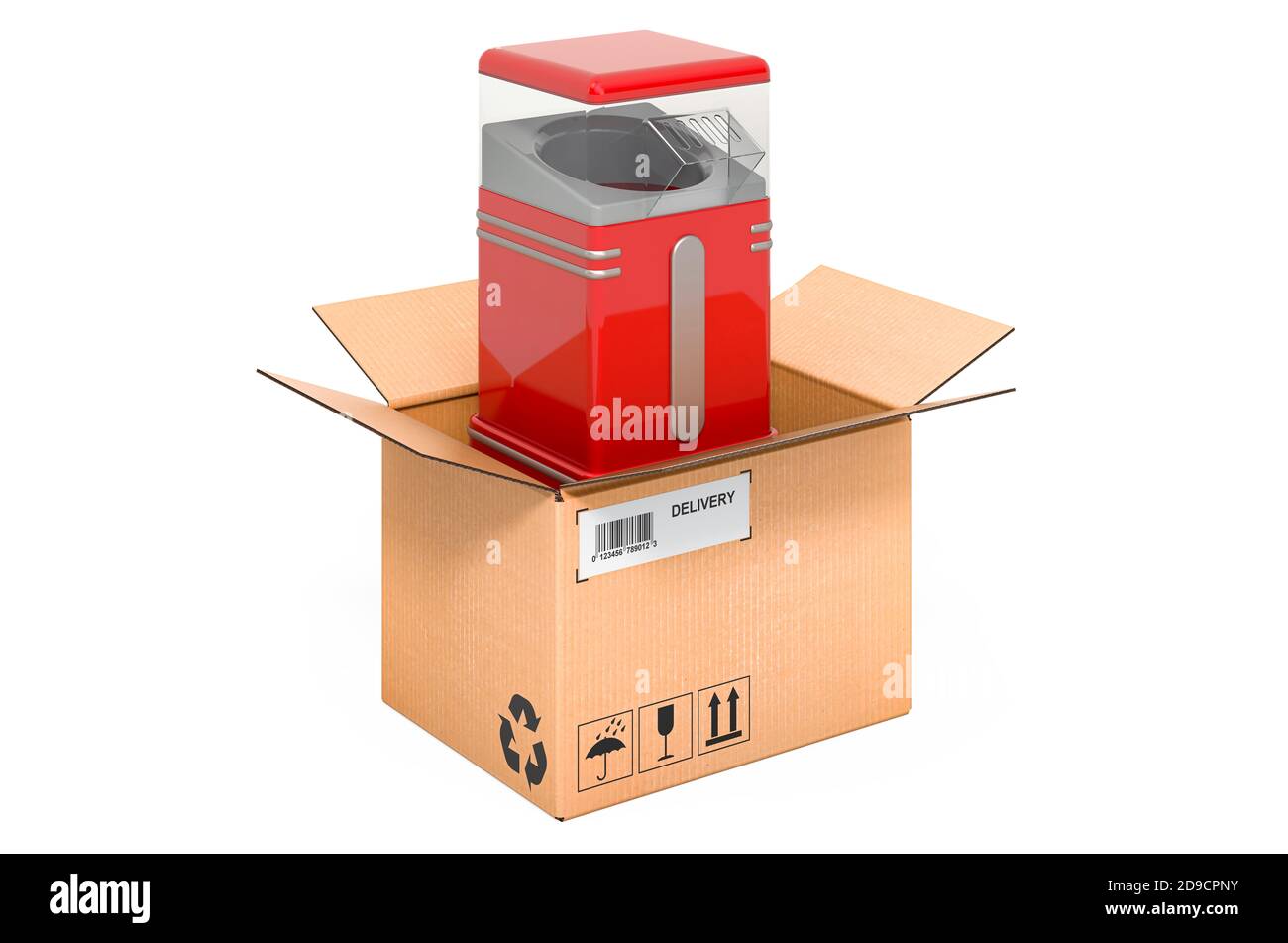 Popcorn maker inside cardboard box, delivery concept. 3D rendering ...