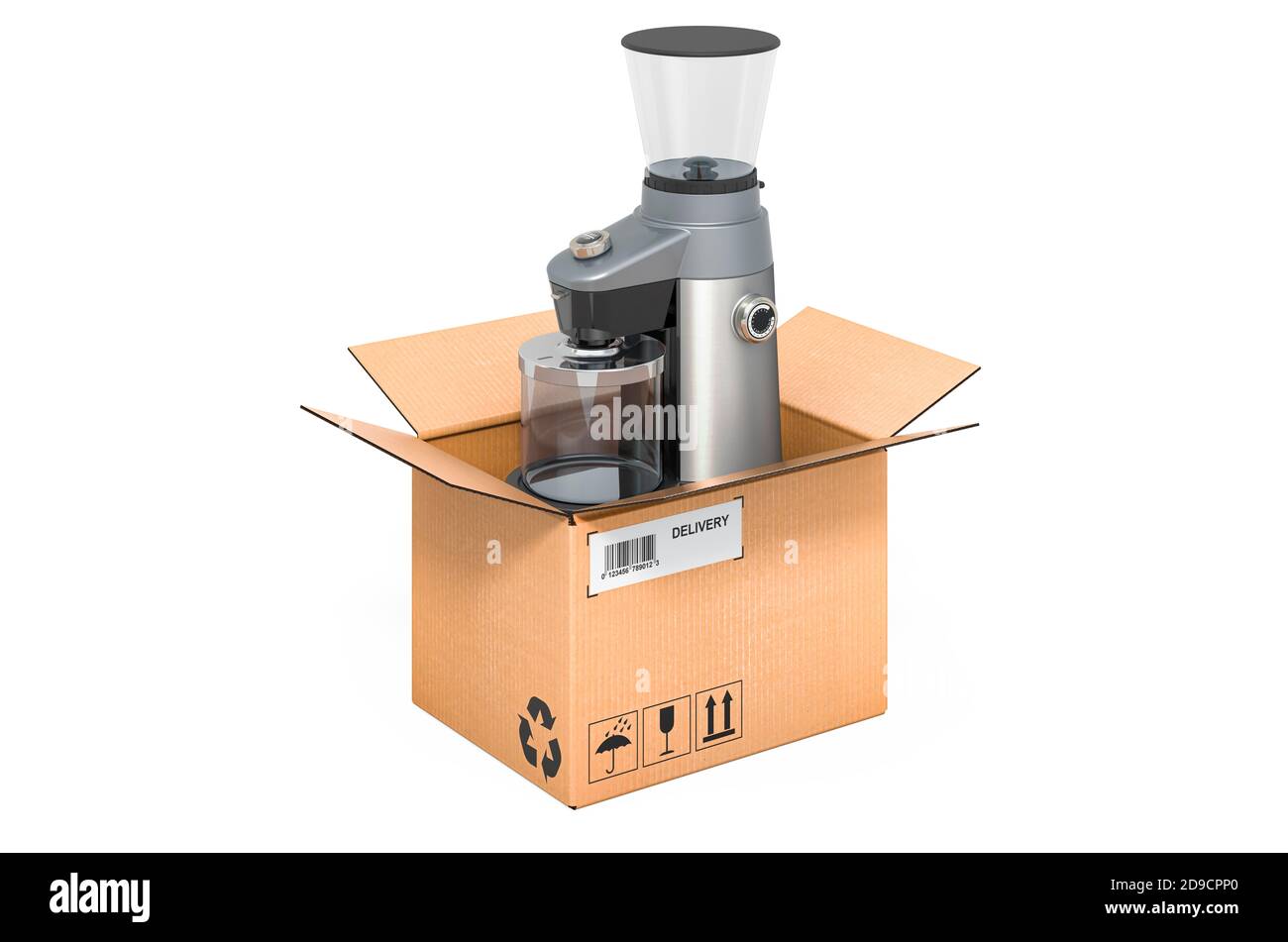 Coffee grinder inside cardboard box, delivery concept. 3D rendering ...