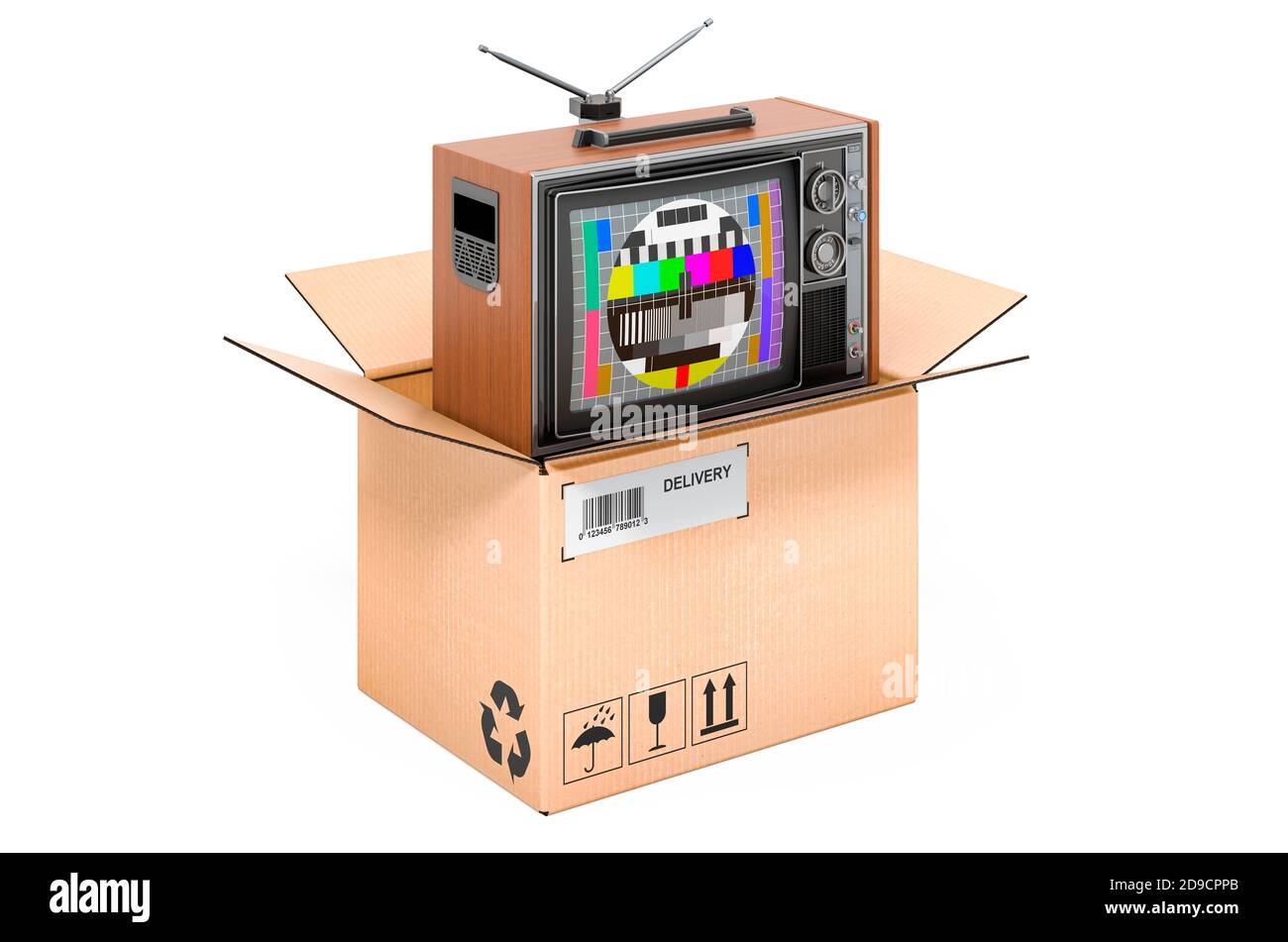 Television set inside cardboard box, delivery concept. 3D rendering ...