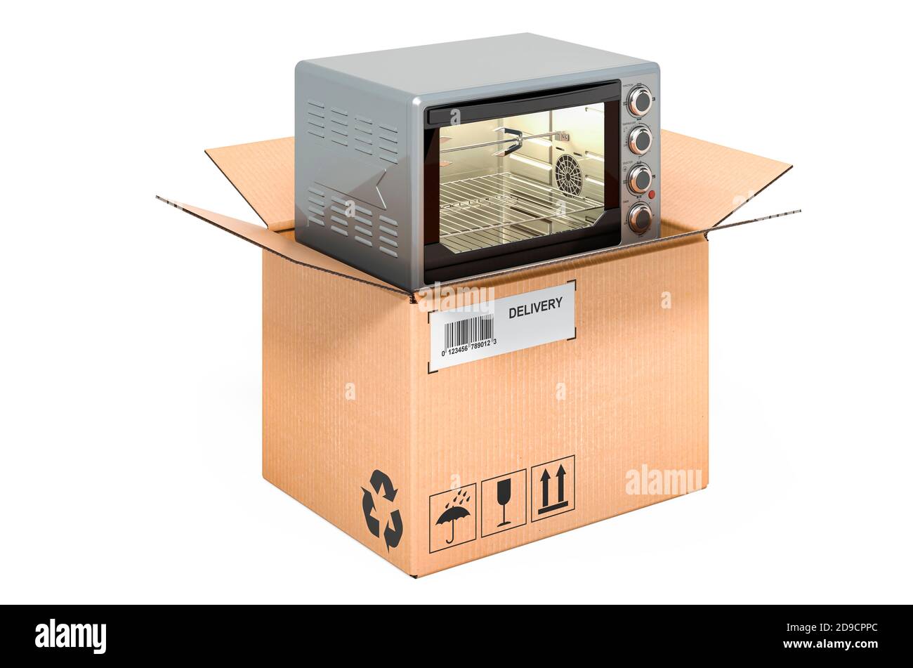 Convection toaster oven inside cardboard box, delivery concept. 3D ...