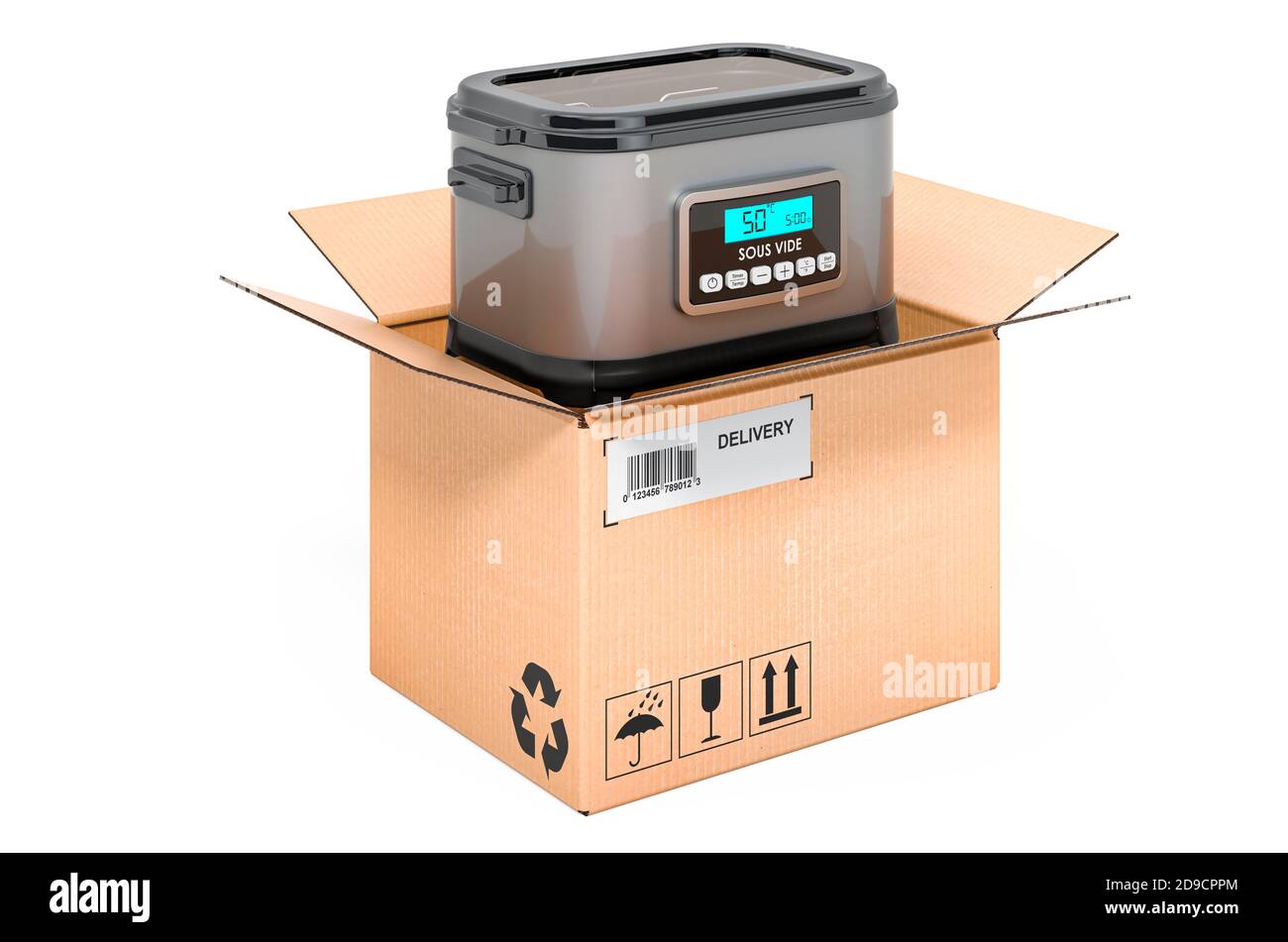 Sous vide machine inside cardboard box, delivery concept. 3D rendering ...