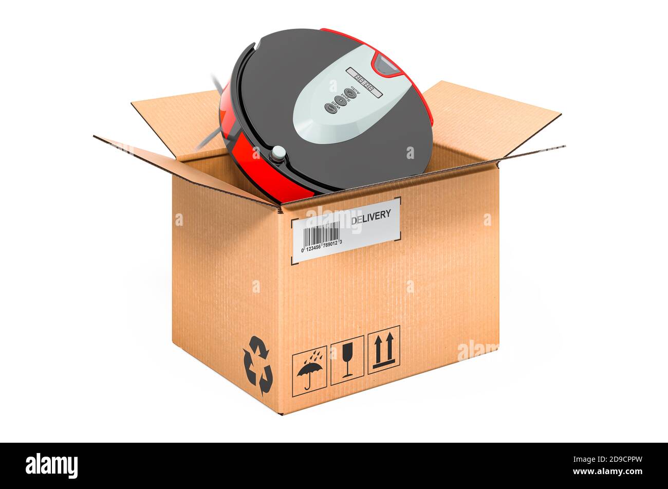 Robotic vacuum cleaner inside cardboard box, delivery concept. 3D ...