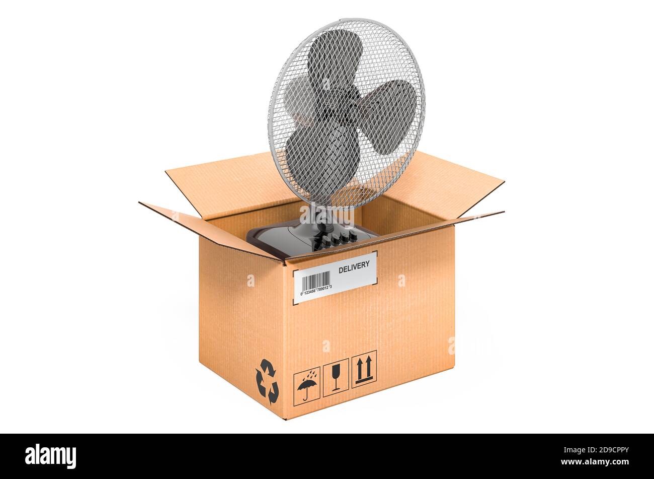 Table fan inside cardboard box, delivery concept. 3D rendering isolated ...