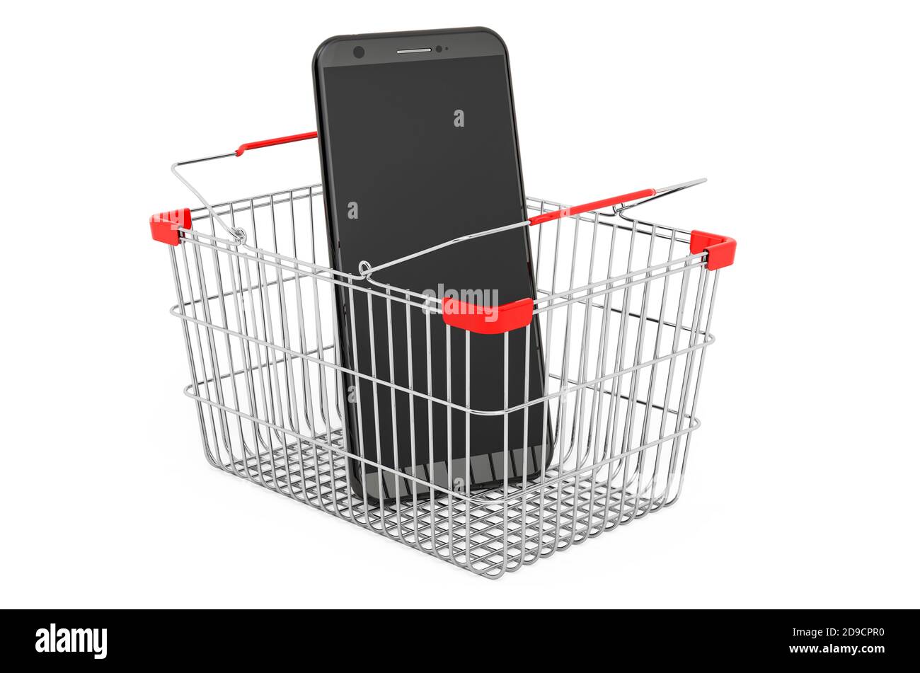 Smartphone phone inside shopping basket, 3D rendering isolated on white ...