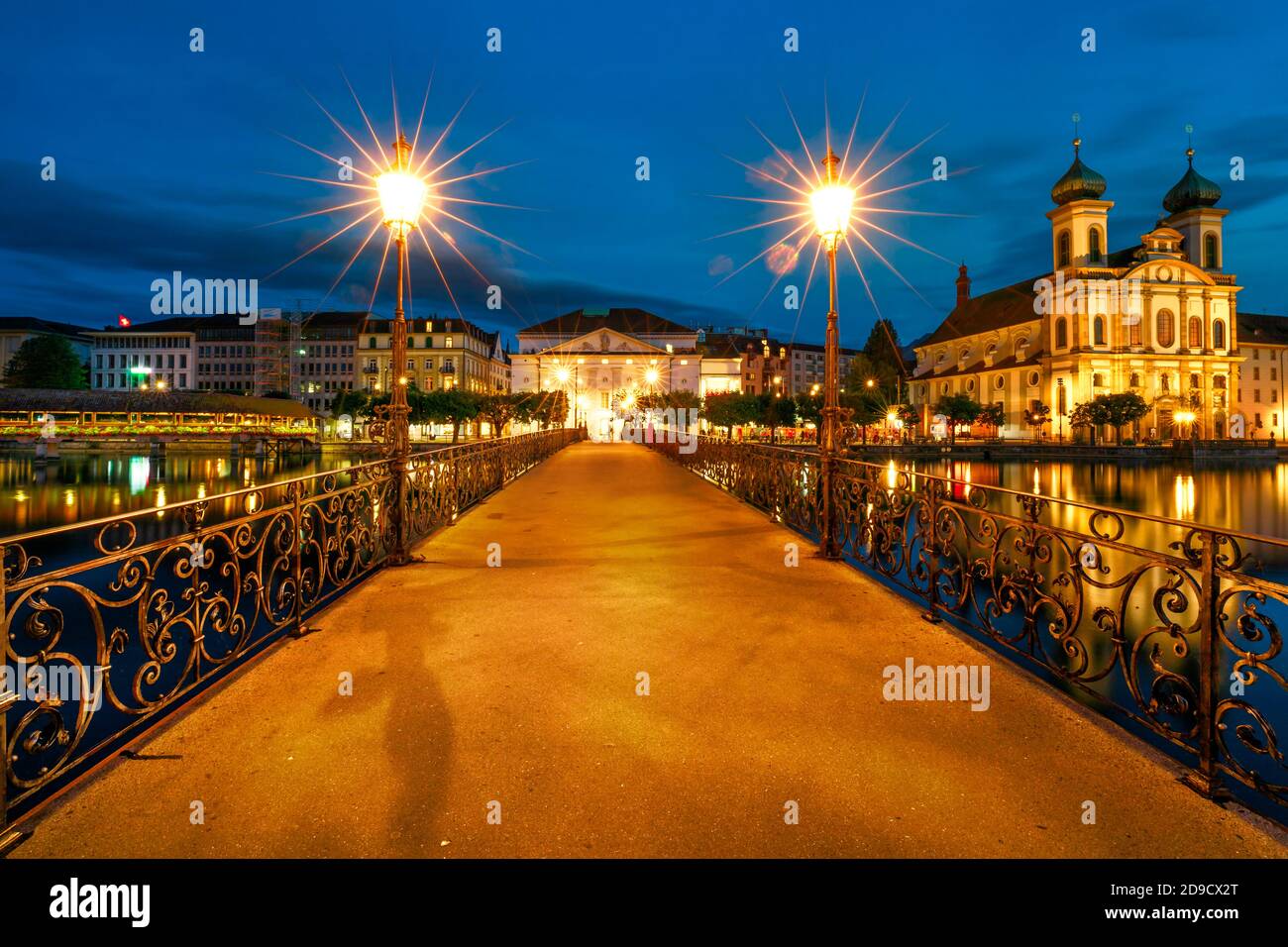 Night in Lucerne city on Lake Lucerne in Switzerland. Jesuitenkirche ...