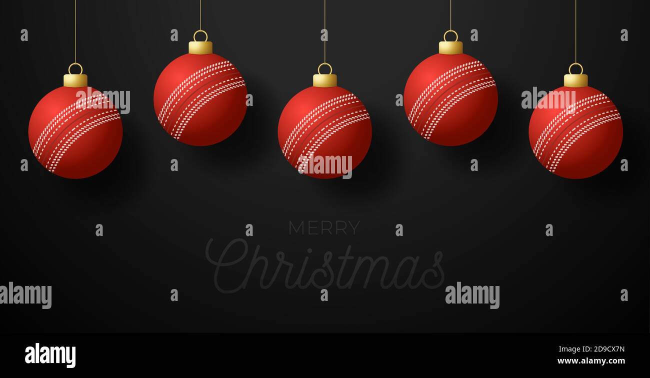 Merry Christmas cricket greeting card. Hang on a thread cricket ball as ...