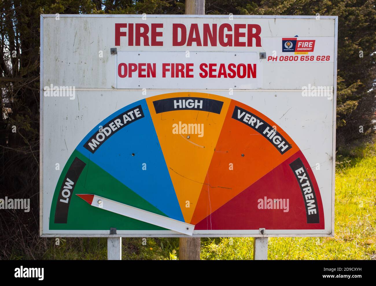 Iconic Kiwi Road-side Sign, indicating forest fire danger. Special fire ...
